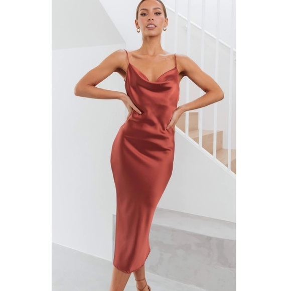 Princess Polly | Dresses | Princess Polly Rust Satin Midi Dress New | Poshmark